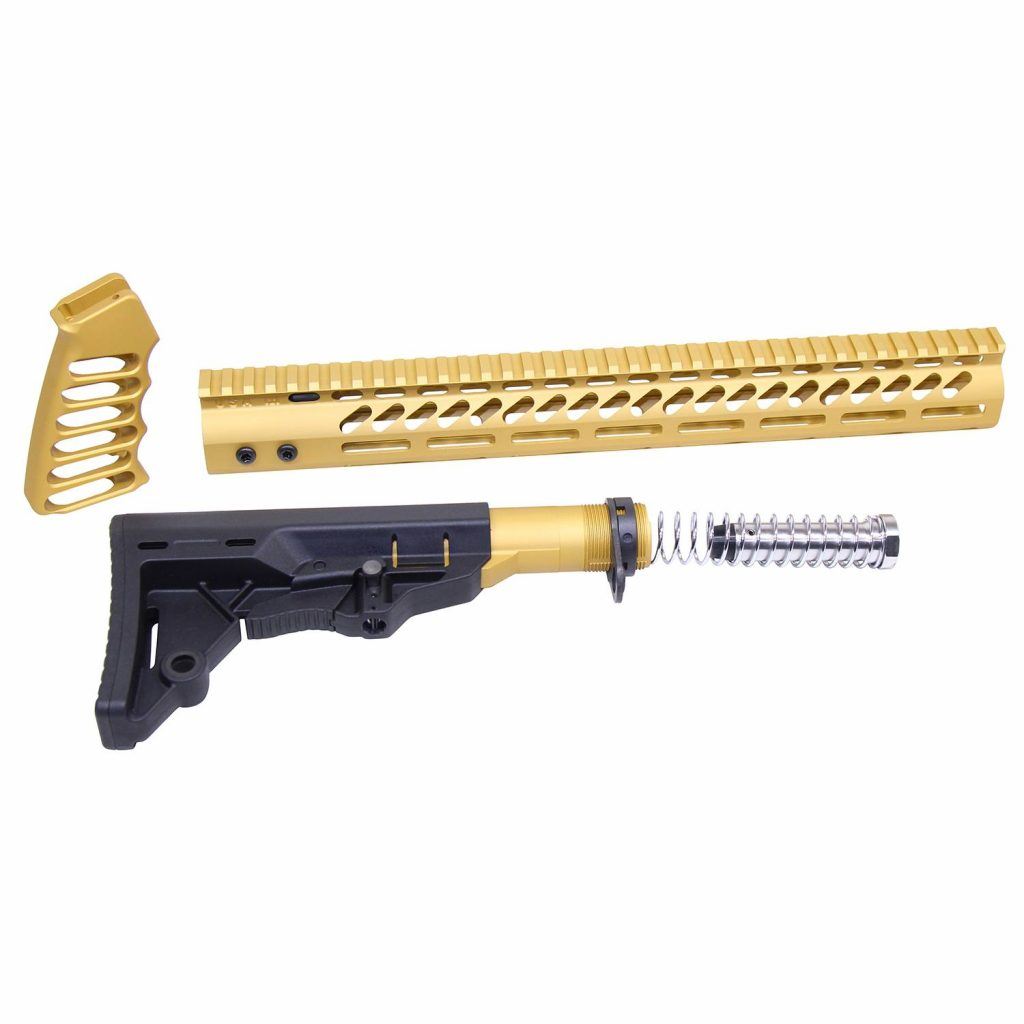 AR-15 Set M-Lok Handguard Carbine Stock Skeleton Grip Anodized Gold