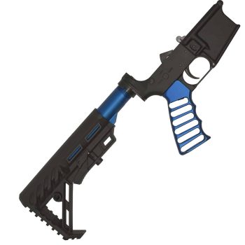 AR Rifle Lower in Anodized Blue with TRX Shell and skeletonized grip
